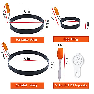 8" Large Omelette Ring,6" Pancake Ring,4" Round Egg Ring,6 Packs Egg Cooking Rings Set for Griddle Frying Eggs,Non-stick Stainless Steel Omelet Ring Egg Cooker Ring for Griddle with Accessorries