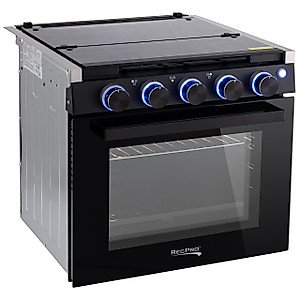 RecPro RV Stove Black Finish | Gas Range 21" Tall | 6500 and 8000 BTU Three Burner | 7100 BTU Oven with 1.8 Cu. Ft Capacity | Optional Vented Range Hood