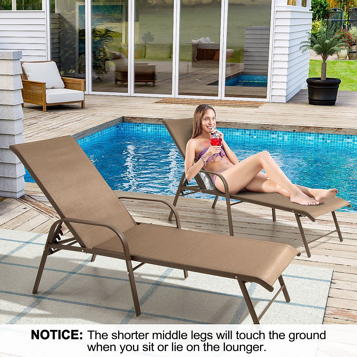 Crestlive Products Chaise Lounge Chair Outdoor with Armrests, Pool Lounge Chairs Set of 2, Aluminum Adjustable 5 Positions Sun Tanning Lounger for Patio, Poolside, Yard, Deck, Backyard (Brown)