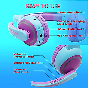 Fouetoway Cat Ear Kids Headphones with Bluetooth &Wired, On-Ear Headset Cute LED Light Up with Microphone for Kids Learning,Gaming,Music,Compatible with Laptop/PC/TV/Smartphones(Blue)