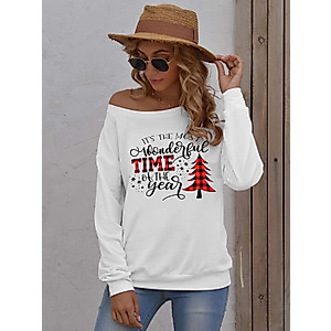 SENFURE Merry Christmas Sweatshirts for Women Christmas Tree Print Long Sleeve Sweatshirt Off the Shoulder Pullover T-Shirt Top