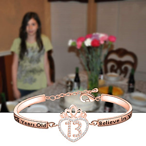 FEELMEM Birthday Gifts Bracelet 12th 13th 16th 18th 30th 40th Crown Queen Charm Bracelet Birthday Gift for Daughter Niece (13th-Rose gold)