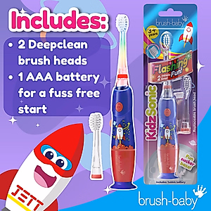 Brush Baby KidzSonic Toddler and Kid Electric Rocket Toothbrush for Ages 3+ Years - Disco Lights, Gentle Vibration, and Smart Timer Provide a Fun Brushing Experience - (2) 3+ yrs with Brush Heads