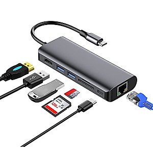USB C Hub, Antiak 7 in 1 USB Type C Adapter Mulitiport Docking Station with 4K HDMI, 87W PD Charging Adapter, 2 USB 3.0, SD/TF Reader, RJ45 Port Compatible with USB-C Laptops and Mobile Phones