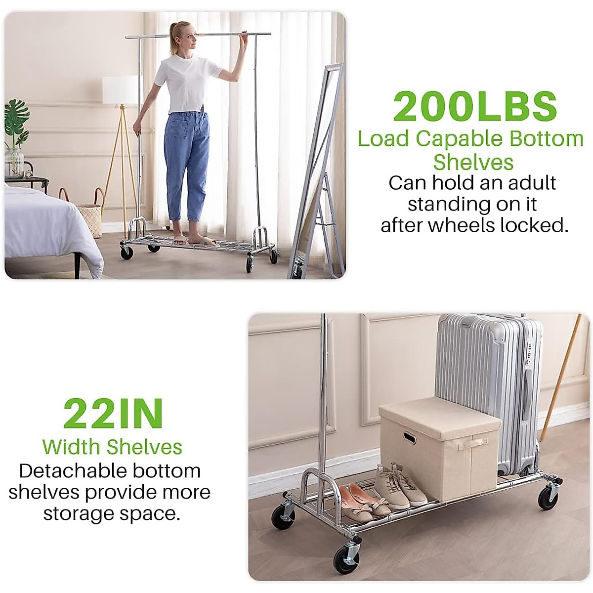 HOKEEPER Clothing Garment Rack with Shelves Capacity 450 lbs Clothing Racks on Wheels Rolling Clothes Rack for Hanging Clothes Heavy Duty Portable Collapsible Commercial Garment Rack Chrome