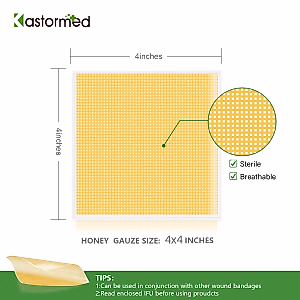 Kastormed Honey Gauze Dressing, Manuka Honey Wound Care, Medical Grade Honey Patches for Faster Wound Care, Burn Dressing, Sterile 4'' x 4'' (Pack of 10)