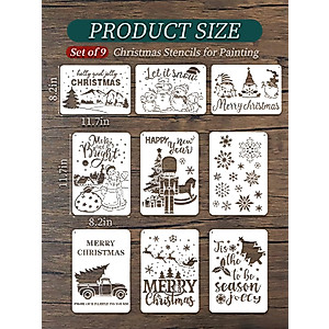 Christmas Stencils Reusable, 9Pcs Farmhouse Large Merry Christmas Stencils for Painting on Wood Winter Decor,8 X 11 Inch,Snowflake Chirstmas Tree Craft Stencils