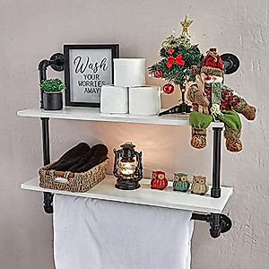 ROGMARS Industrial Pipe Shelving Floating Bathroom Shelves with Towel Bar Over Toilet,2 Tier 30 inch Retro White Rustic Farmhouse Pipe Wall Shelves for Kitchen Storage (30inch 2 Tier)