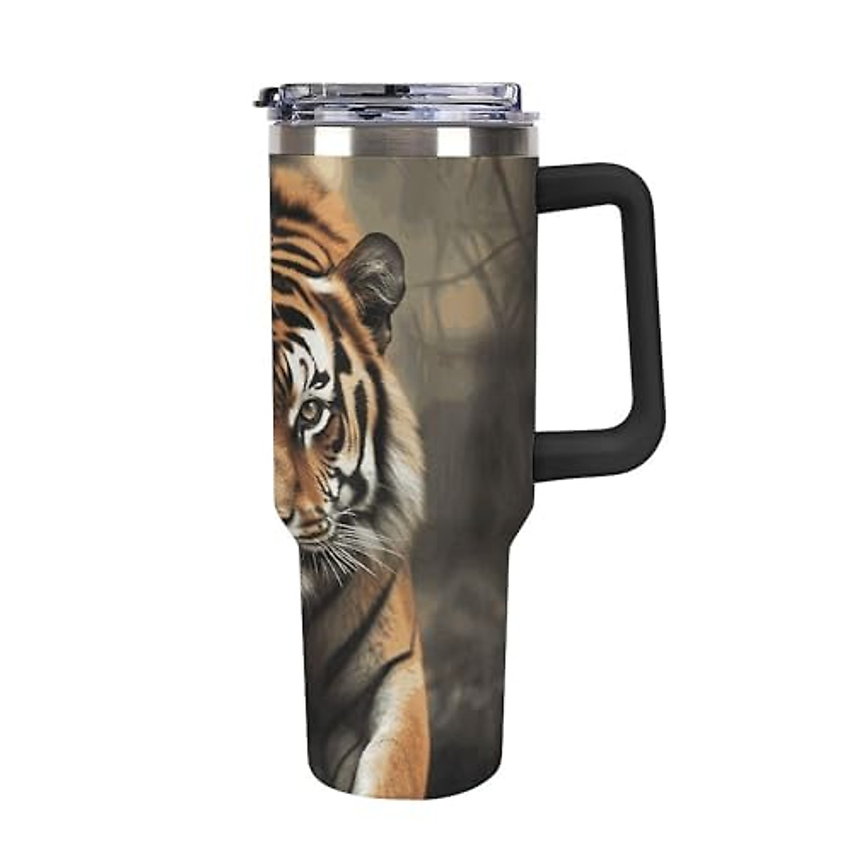LLUTSNTH 40 Oz Vacuum Tumbler with Black Handle Leakproof Insulated Tumbler Wild Animals Tiger Stainless Steel Travel Mug with Lid And Straw Coffee Cup Cute Water Bottles Cup Holder Friendly