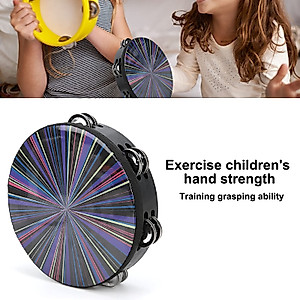 Hand Tambourine, 8 inch Polyester Drum Skin Solid Wood Materials Double Row Percussion Percussion Music Instruments for Kids Adults Church Party(Colorful Rays)