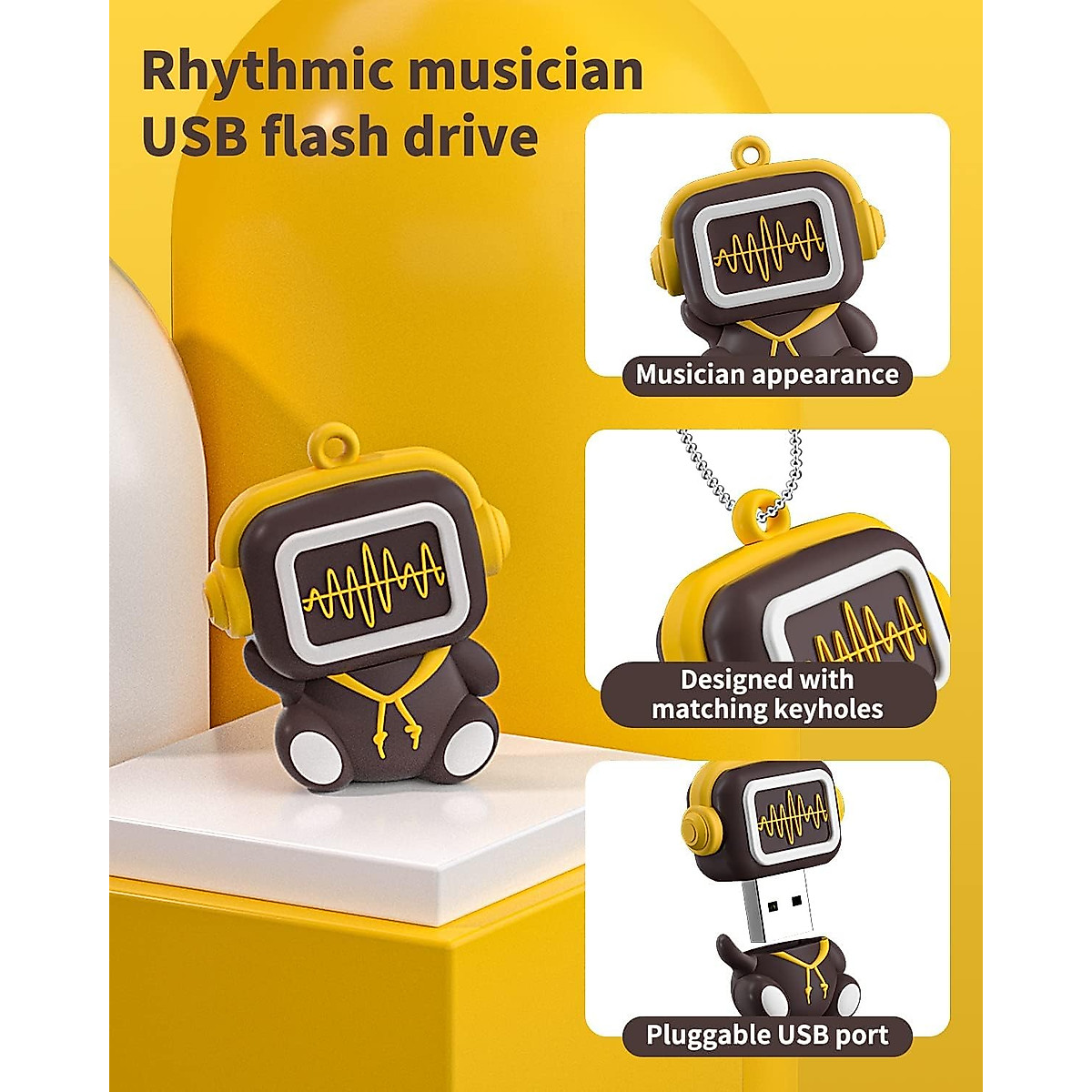 Bilious Cute Rhythmic Musician Shaped USB Flash Drive, Thumb Drive 64gb Waterproof USB 2.0 Memory Stick Small Size USB Drive Gift (64GB, Blue)