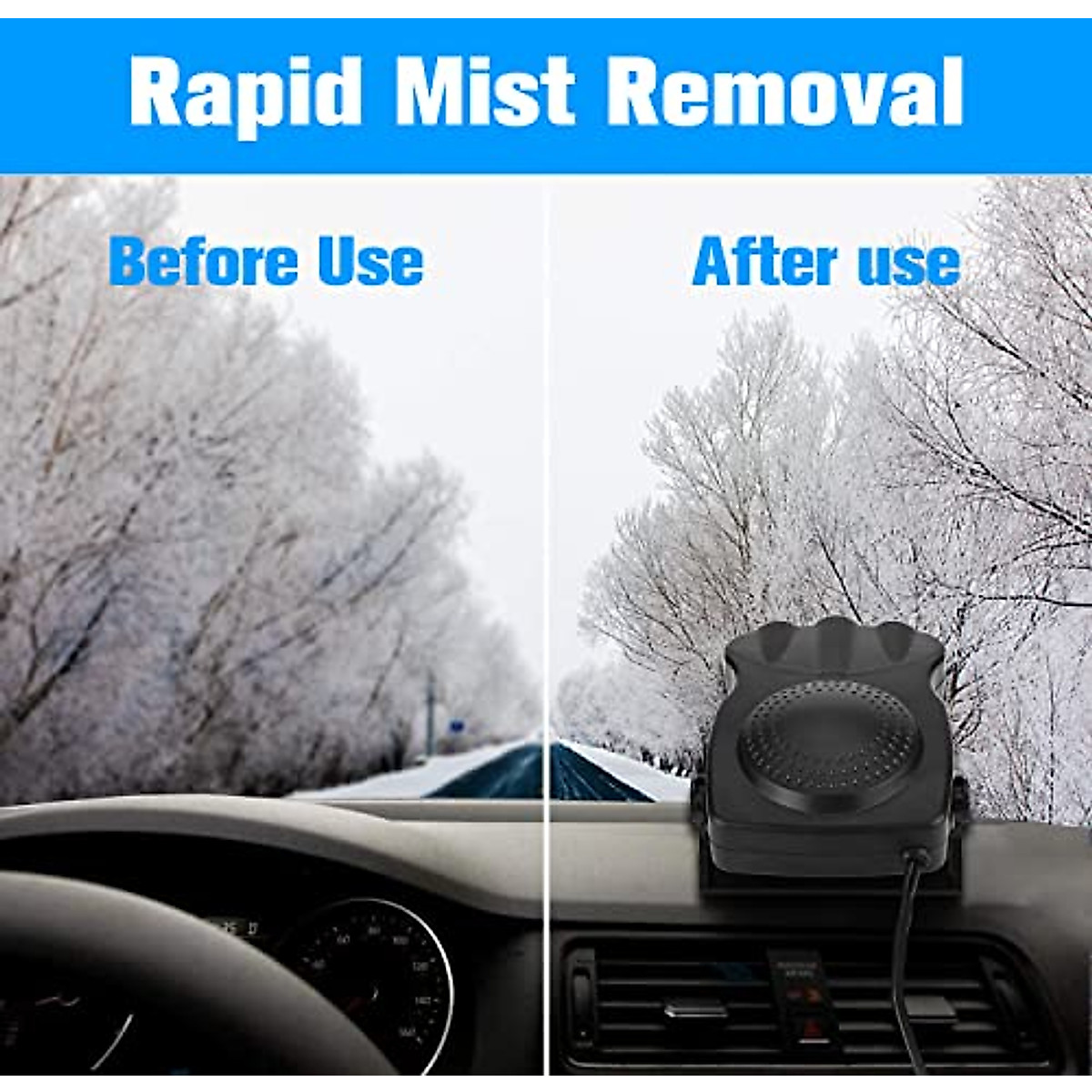 Car Heater, 12V/150W Portable in Cigarette Lighter Plug 180 Degree Rotary Base Car Heater,3 in 1 Fast Heating Defrost Defogger Demister Heat Cooling Fan Auto Dryer Windshield Defroster