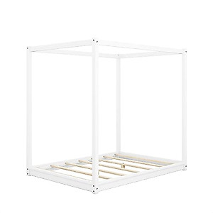 Harper & Bright Designs Full Canopy Bed Wood 4 Poster Panel Beds, Floor Bed Frame Full with Solid Wood Slat Support, Full Size Platform Bed for Kids Teens Adults, No Box Spring Needed, White