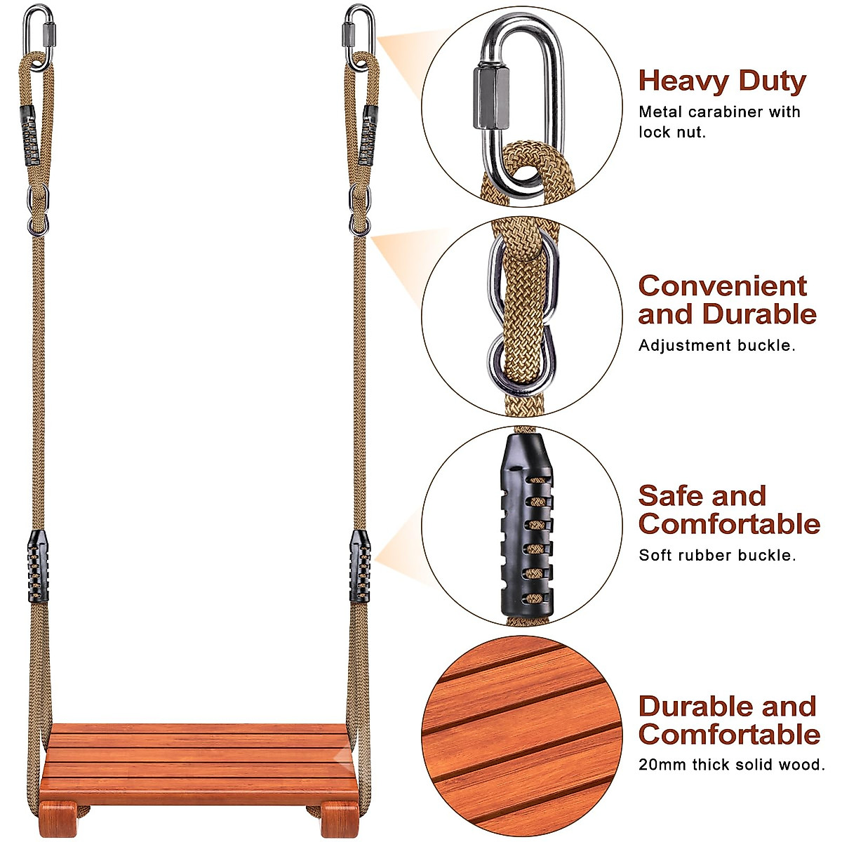 SELEWARE Wooden Swing Seat, Heavy Duty Wood Tree Swing for Adult Kids Playground Swing Sets for Backyard, Indoor Outdoor Flat Swing Seat (17.5 x 8.5 Inch) with Adjustable Rope