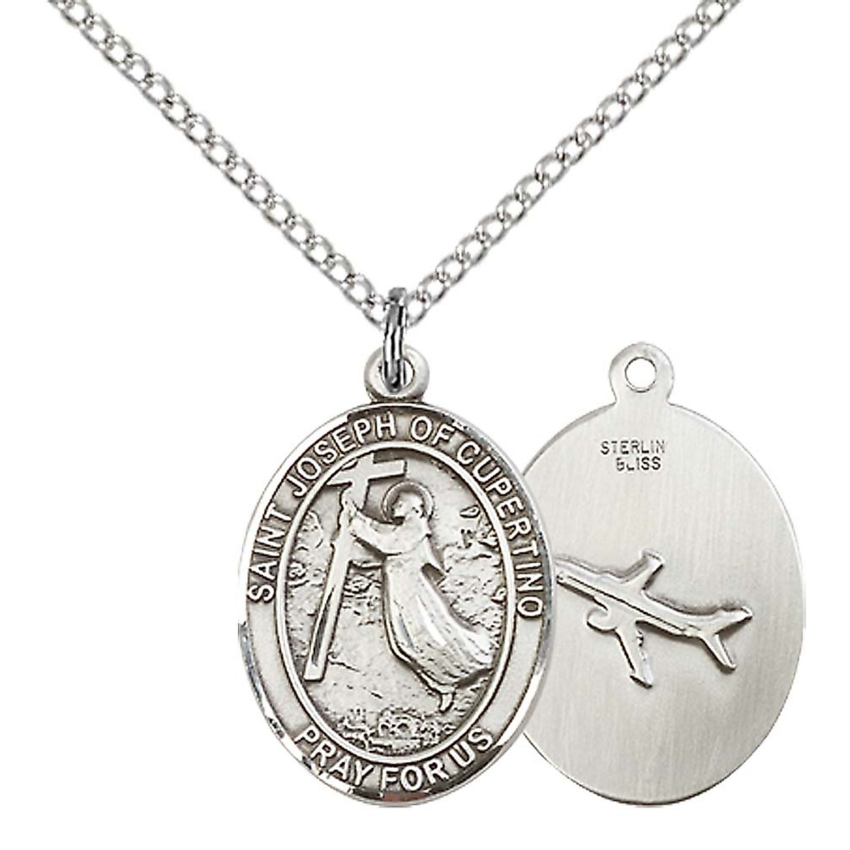 F A Dumont Sterling Silver St. Joseph of Cupertino Pendant with 18" Stainless Steel Lite Curb Chain. Patron Saint of Pilots/Airforce