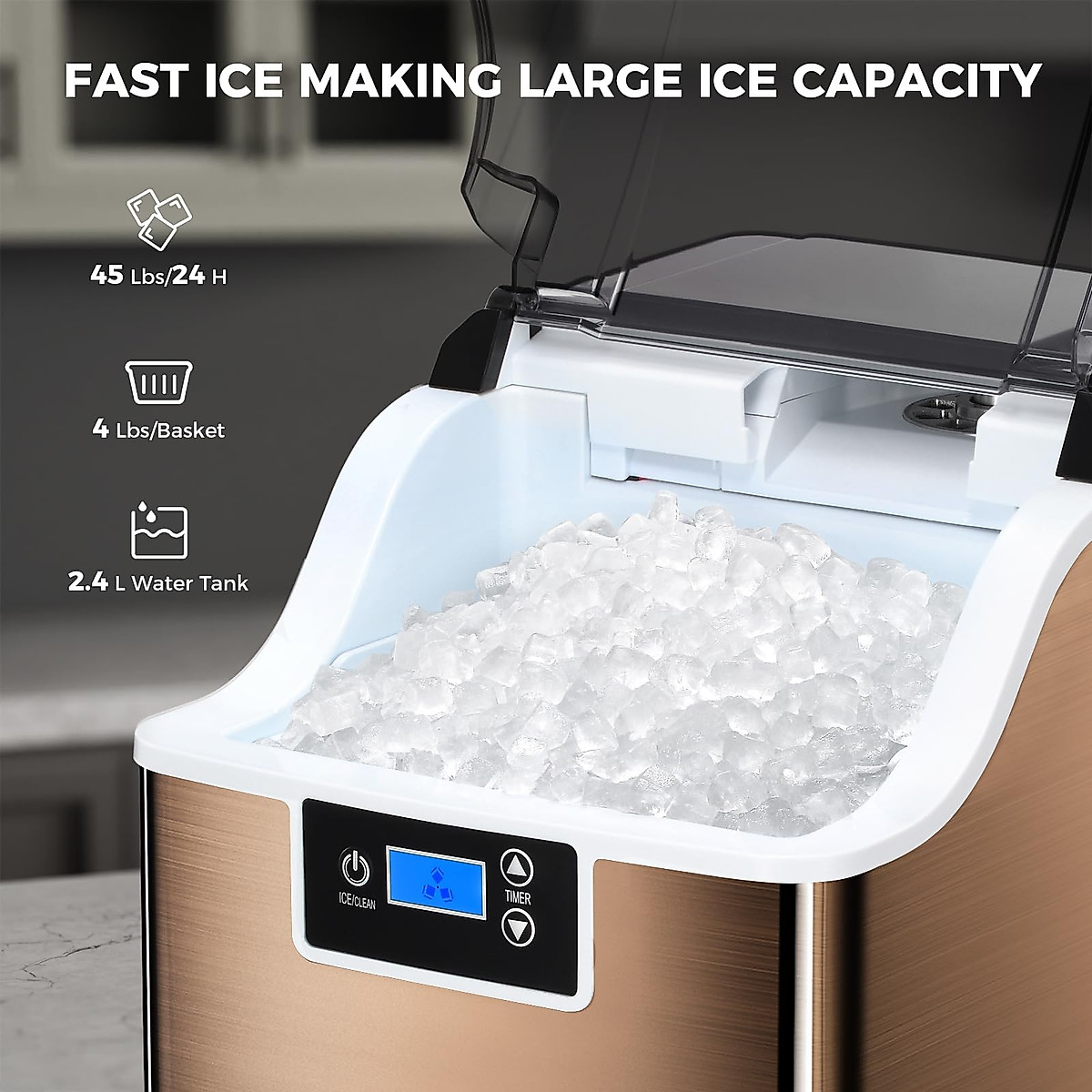 Nugget Ice Maker Countertop, 45lbs/Day Pellet Ice Maker Machine with 24H Timer, Self-Cleaning Pebble Countertop Ice Maker with Crushed Ice for Home Black(Champagne Gold)