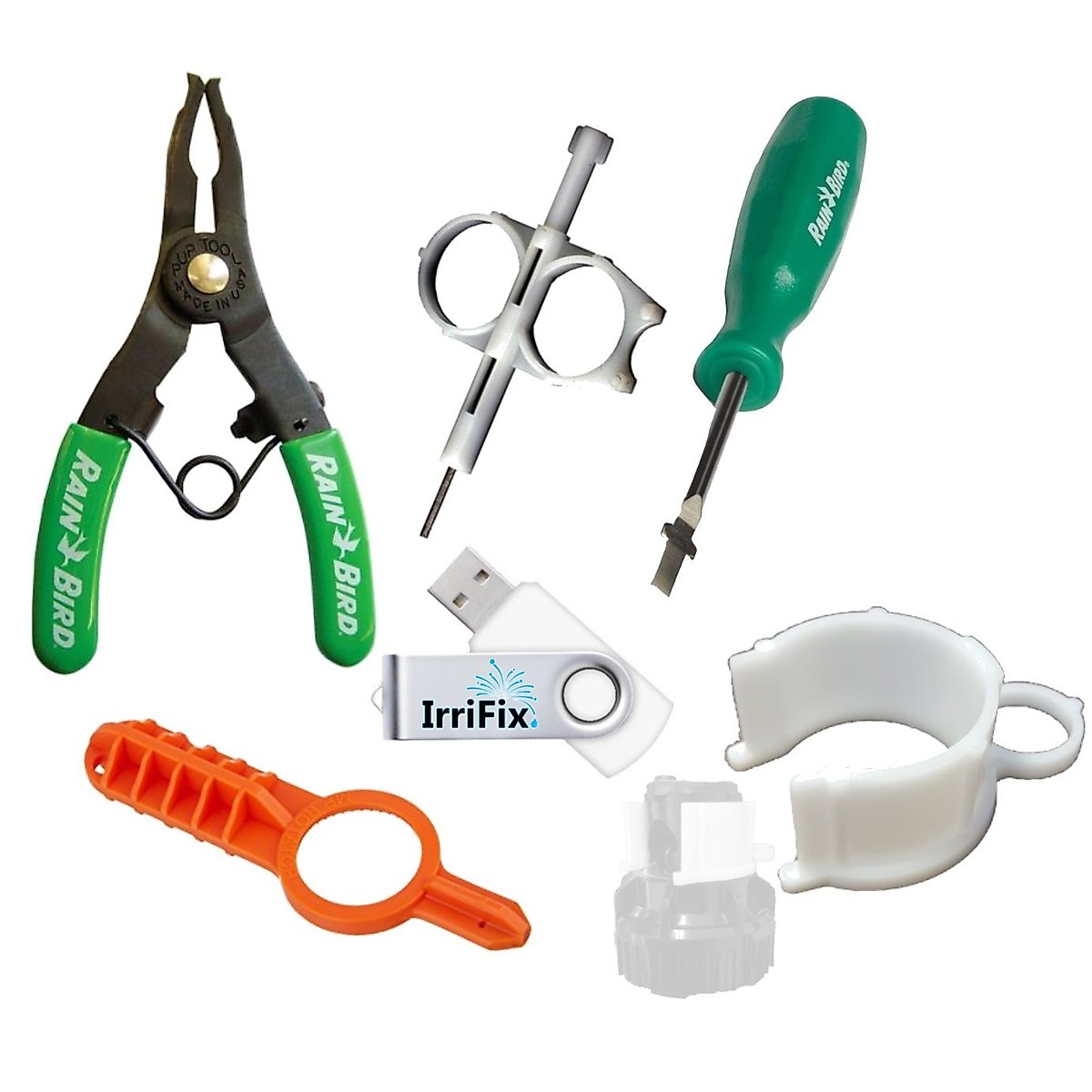 IrriFix Sprinkler Irrigation Adjustment Tool Set Rain Bird Spray Head Pull Up Tool, Hunter/Orbit Gear Drive Tool, ROTORTOOL, MP Rotator Tool, Hold Up Collar, USB Flash Drive w Instructions