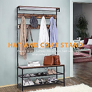 VIVOHOME 5-in-1 Entryway Hall Tree, Industrial Stand Organizer with Shoe Bench, Vintage MDF Wood Furniture with Stable Metal Frame