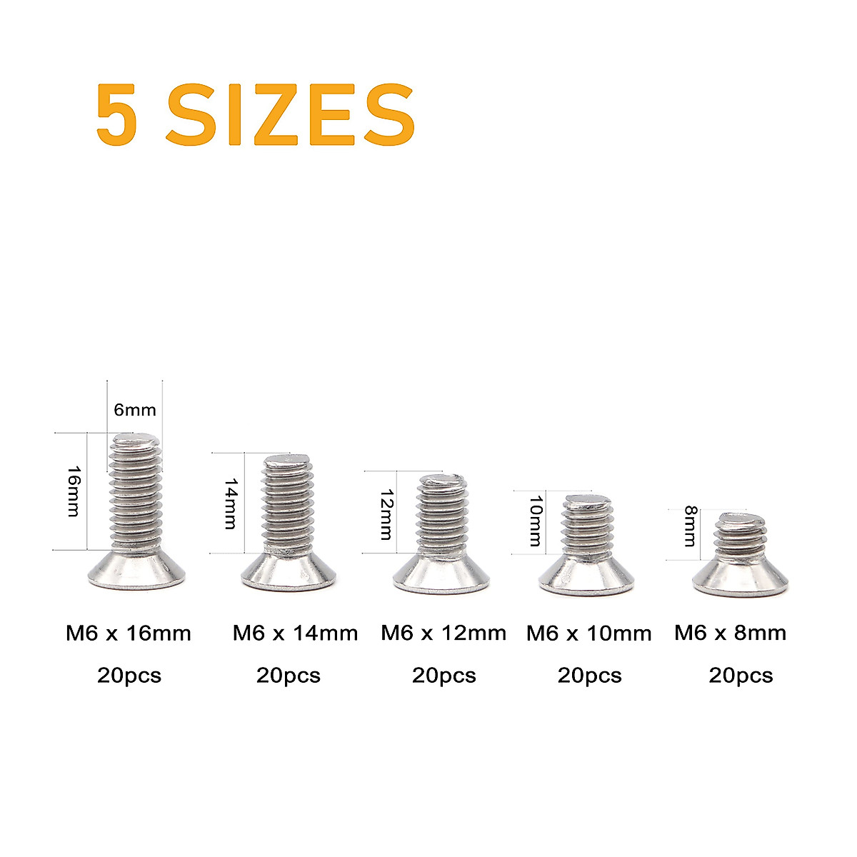binifiMux 100pcs Flat Phillips Head M6 x 8mm/ 10mm/ 12mm/ 14mm/ 16mm 304 Stainless Steel Screws Kit