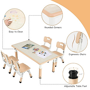 Arlopu Big Kids Study Table and 4 Chair Set, Height Adjustable Toddler Table and Chair Set for 4, Multifunctional Toddler Table, Reading, Drawing, Eating Interaction (Beige)