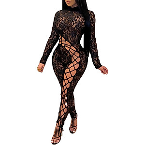 Maiyifu-GJ Women's Floral Lace Bodycon Jumpsuit Long Sleeve See Through Mesh Romper Criss Cross Hollow Out Teddy Clubwear (Black,Small)