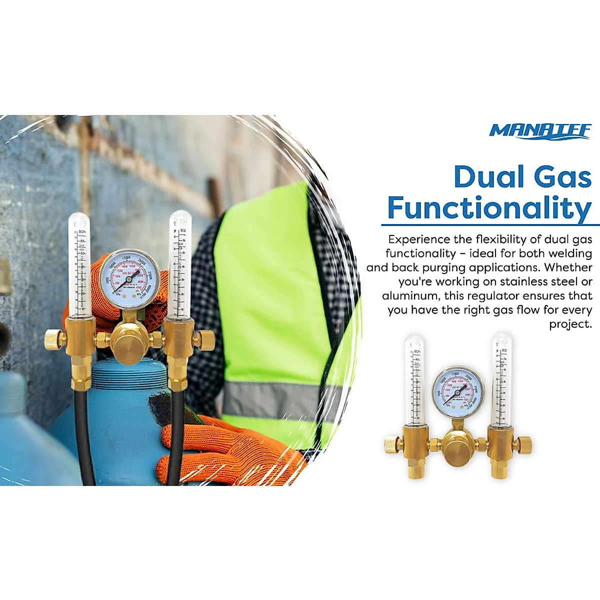 Argon Regulator Dual Co2 Flowmeter for TIG MIG Welder Gas and back purge 60 SFCH - CGA 580 inlet connection and 5/8" x 18RH outlet fitting - Accurate Gas Metering Delivery System by Manatee