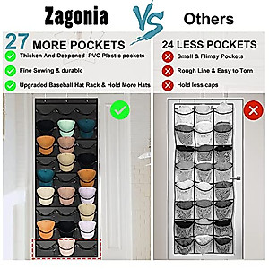 27 Pockets Hat Rack For Baseball Caps, Baseball Hat Organizer for Wall/Over the Door, Caps Hat Holder Hanger For Closet With Large Clear Pockets & 3 Hooks, Hat Storage to Protect and Display (Black)