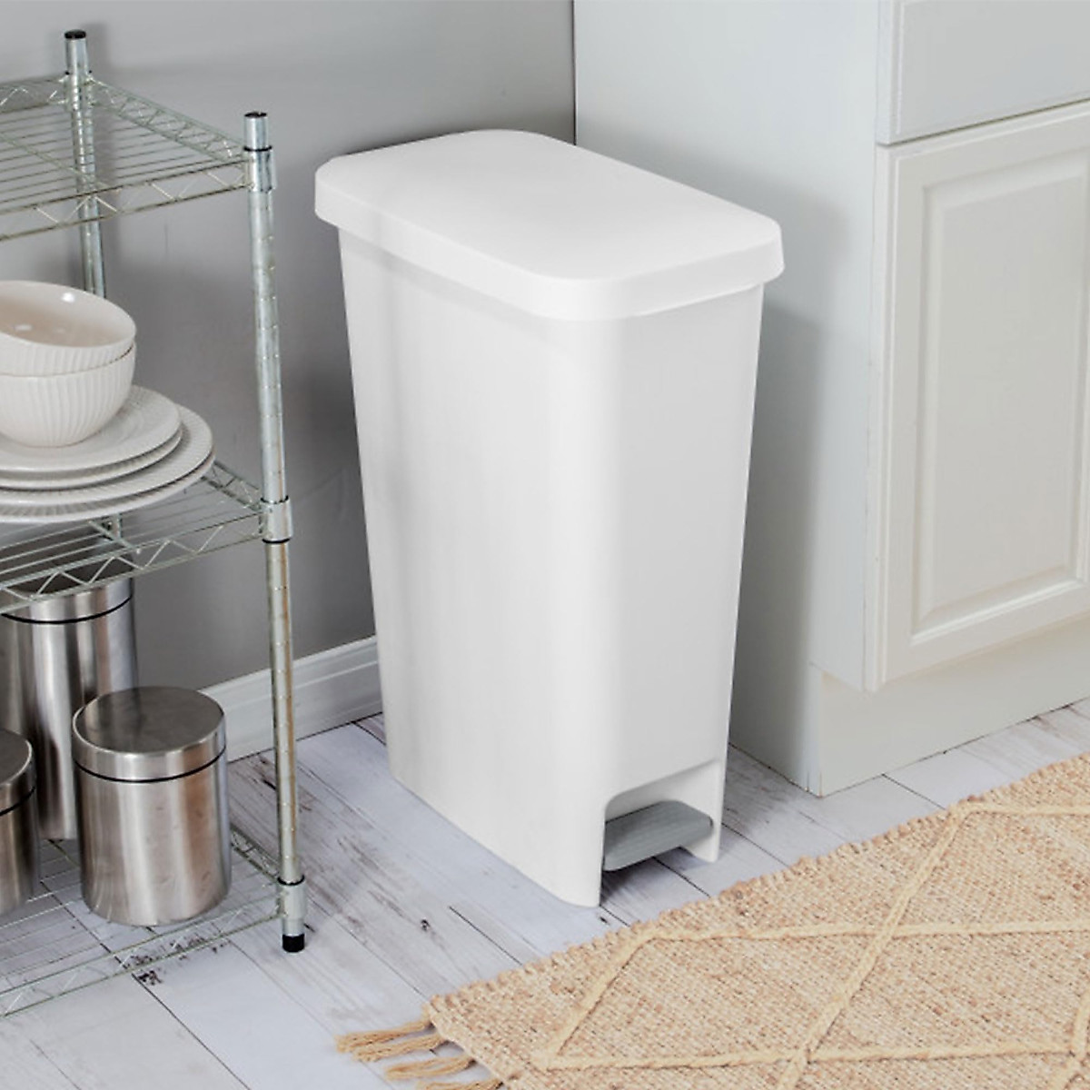 Sterilite 11 Gallon Slim Narrow StepOn Hands Free Portable Kitchen Wastebasket Trash Can Garbage Bin Container with Oversized Lid, White (4 Pack)