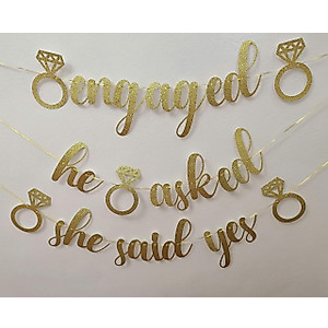 Engagement Party Banners Glitter Gold Letters He Asked She Said Yes Garland for Wedding Engagement Party Hen Party Bridal Shower Bachelorette Party Favor Party Decoration Supplies (GOLD)