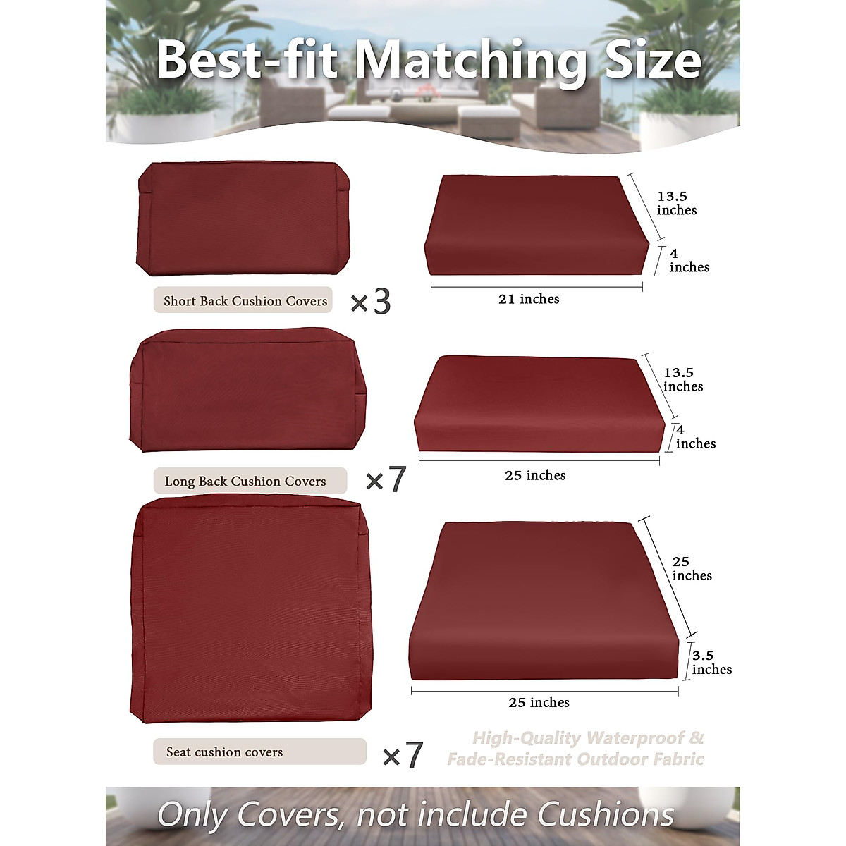 OmniBuy 17Pack Outdoor Furniture Patio Cushion Replacement Covers Fit for 8 Pieces 7-Seater Wicker Rattan Patio Furniture Set Sectional Couch Chairs,Cover Only (Burgundy)