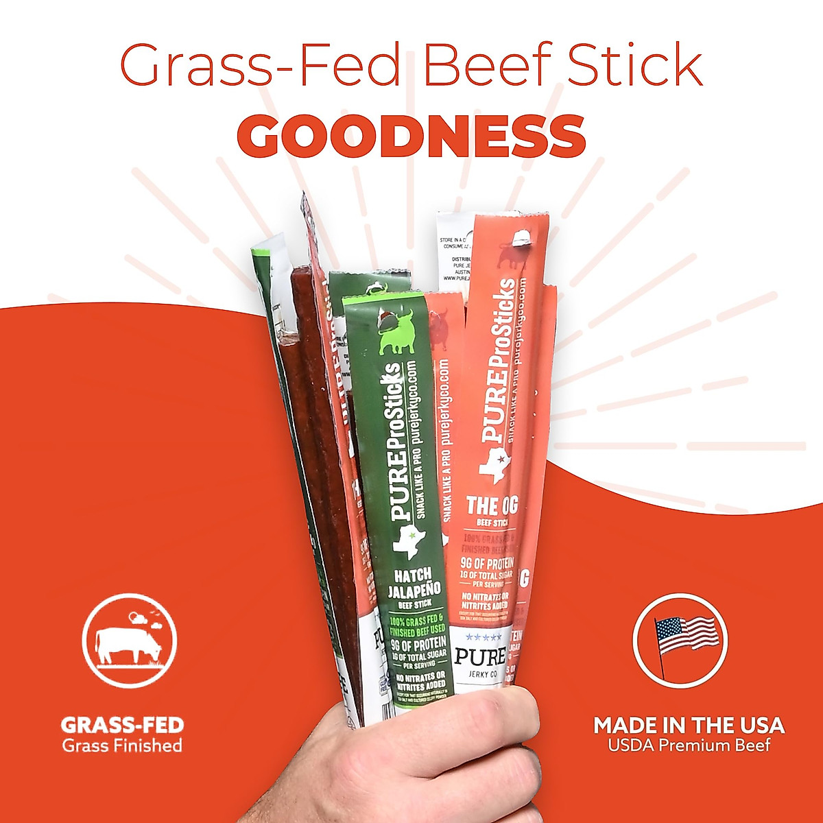 PureProSTICKS - 24 pack of Low Sugar 100% Grass Fed Beef Sticks - Original Flavor Mild - Delicious Gluten Free Beef Snack - High Protein Keto & Paleo Friendly - 24 Beef Sticks