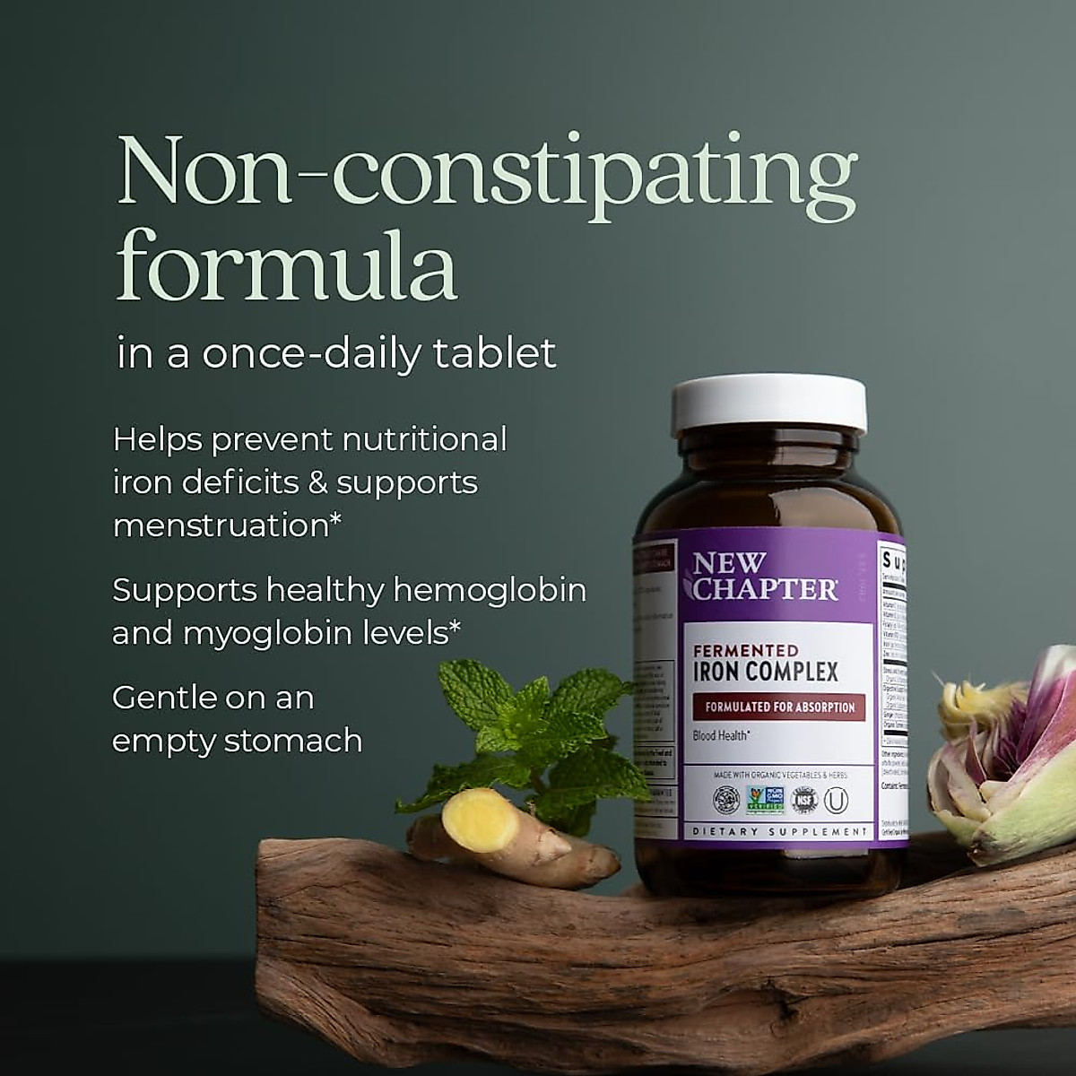New Chapter Iron Supplement, Whole-Food Fermented Iron Complex Made with Organic Vegetables & Herbs + One Daily Non-Constipating Dose- 60ct, 2 Month Supply