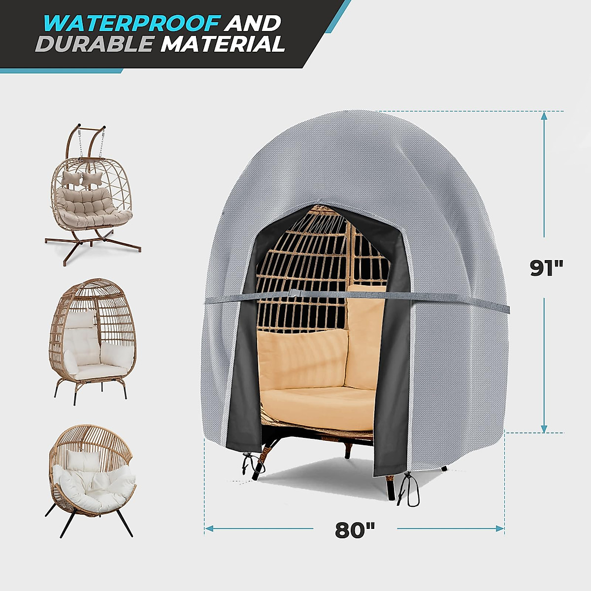 Patio Egg Chair Cover Double Wicker Egg Chair Covers for Outdoor Furniture Egg Swing Loveseat Cover Waterproof 420D Patio Chair Cover 91x80 inches (Grey)