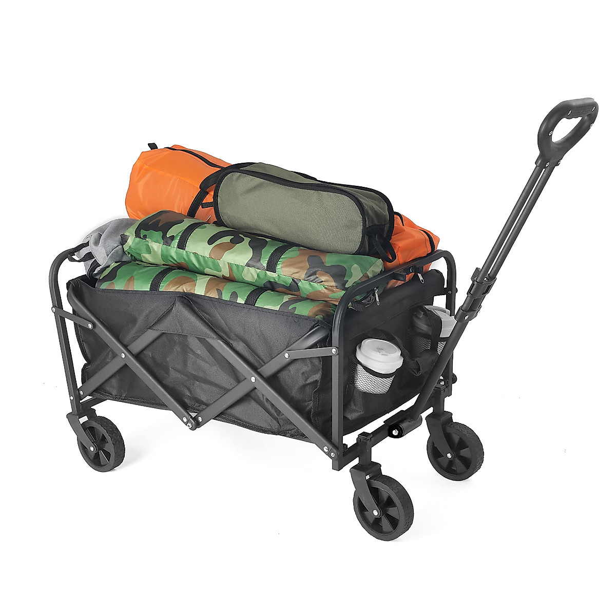 Heavy Duty Collapsible, Foldable, and Rolling Outdoor Utility Wagon for Camping, Beach with Spring-Loaded Handle (Black)