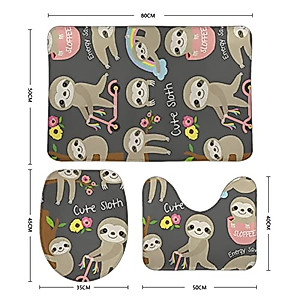 ZOEO Cute Sloth Rainbow Bathroom Rugs Bath Mat Sets 3 Piece for Toilet Large Non Slip Contour Mats U Shaped for Women