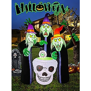 Lanstics Halloween Inflatable Outdoor, 6.2FT Witch Inflatable Yard Decoration 3 Witch Around Cauldron with LED Light Green Eye Skull Halloween Blow Up Decoration for Lawn Party Home Decor…