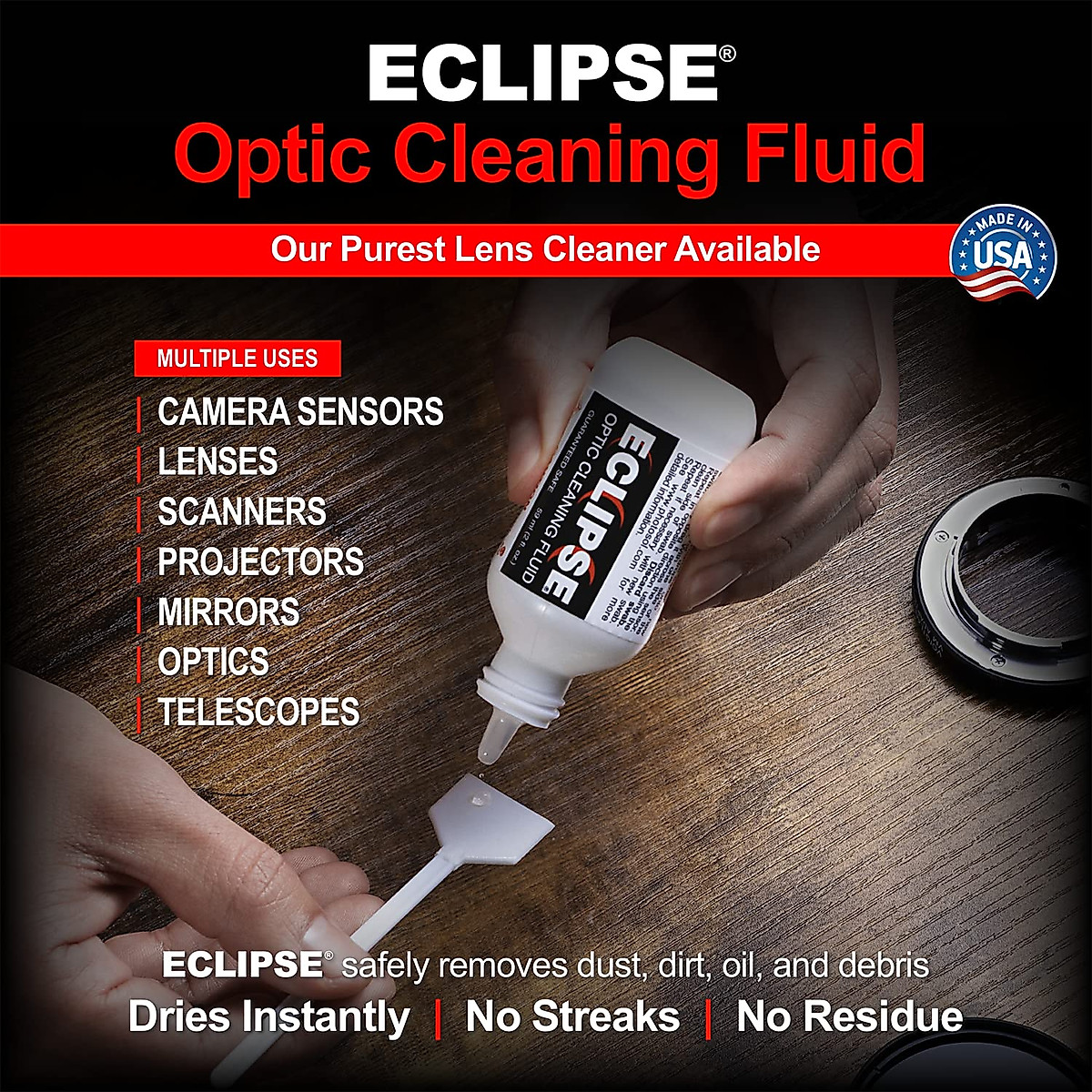 Eclipse Optic Cleaning Solution - Camera Lens and Digital Sensor Cleaner Fluid - Works with All Cameras, Binoculars, and Other Optical Products - Dropper Tip (15ml) - 0.5oz