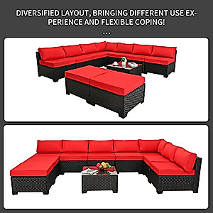 Patio Sectional Furniture Set 10-Piece Outdoor Wicker Conversation Sofa Couch with Red Non-Slip Cushions Furniture Cover Black PE Rattan