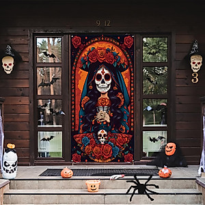 Day of The Dead Door Cover Dia De Los Muertos Backdrop Sugar Skull Rose Altar Mexican Fiesta Party Decorations and Supplies for Home
