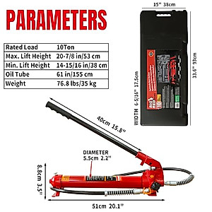 BIG RED 10 Ton Porta Power Kit, 17-pcs Hydraulic Ram Auto Body Frame Repair Kit with Blow Mold Carrying Storage Case, 20,000 lbs Capacity,Red, T71001L Torin