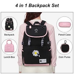 Backpack for Teen Girls, 4-in-1 School Backpack for Girls Women Female, Kids Bookbag/Lunch Box/Pencil Case/Coin Purse, Bag Set for Primary Junior Middle High School College, with USB, Headphone Ports
