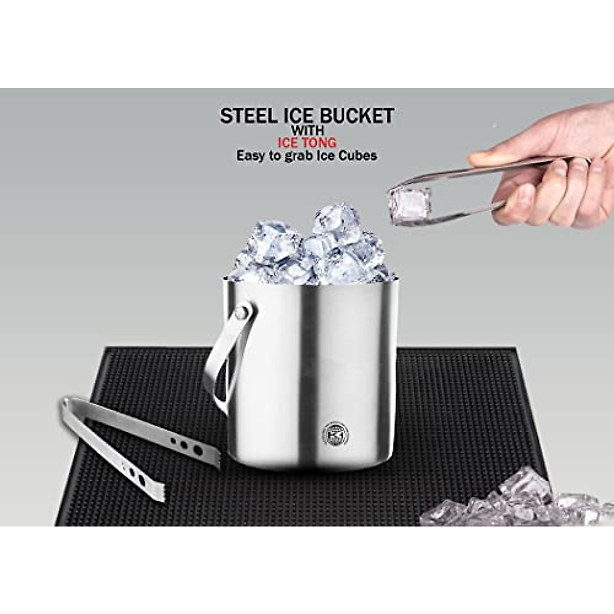 Ice Bucket With Lid, Insulated Black Ice Bucket for Cocktail Bar with Ice Tong, Double Walled Stainless Steel, 1.75 L, 1.84 Quarts, Ice Cold For 6 h with Handle (Silver)