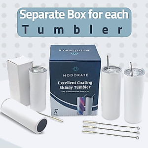 MODORATE Blank Sublimation Tumblers with Lids and Straws – 20 oz Straight Skinny Stainless Steel Tumbler with Shrink Wraps for DIY Sublimation – 4 Pcs Vacuum-Insulated White Tumblers