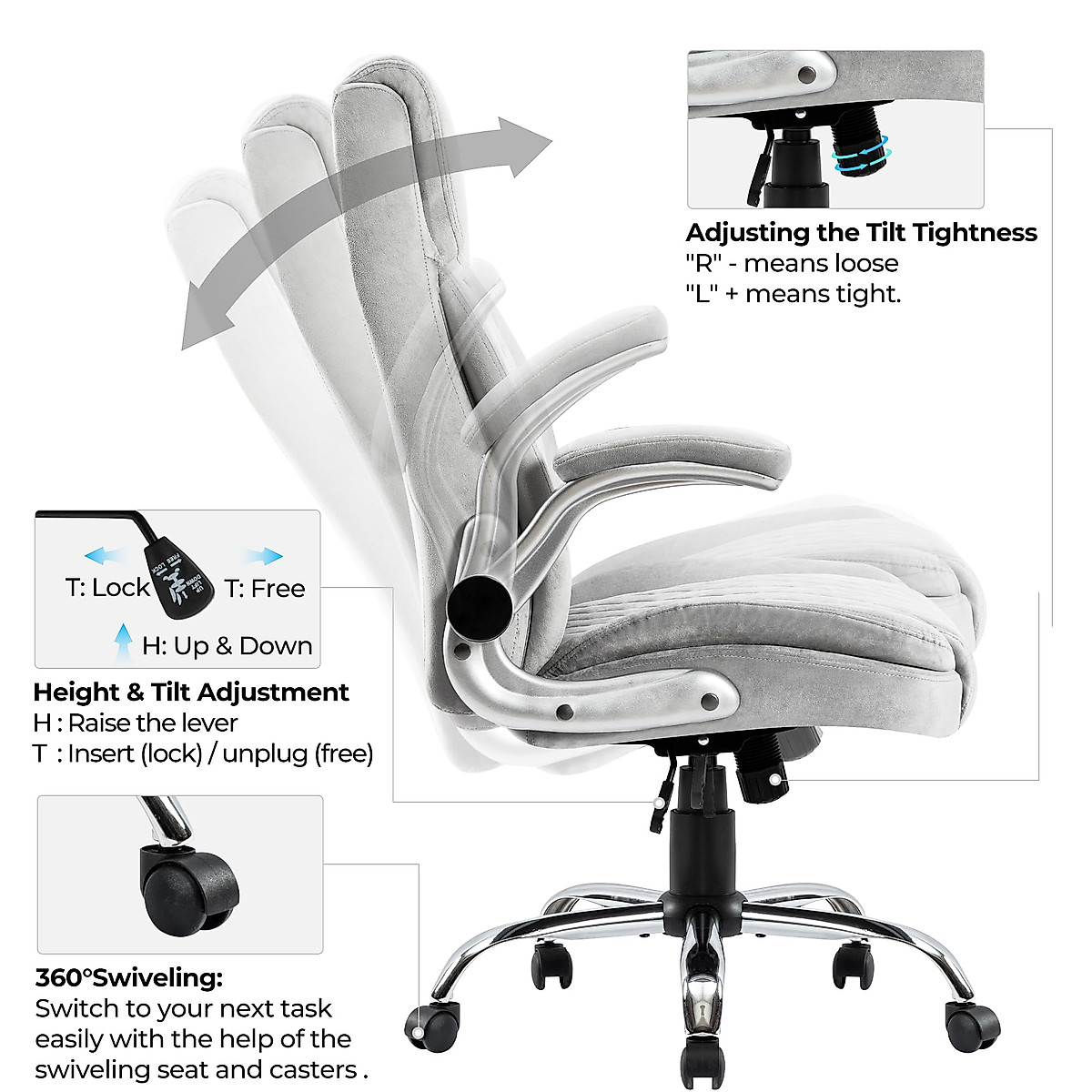 HOMYEDAMIC Velvet Ergonomic Office Chair, Adjustable Arms Wide Managerial Executive Home Desk Computer Chair Big and Tall with High Back Lumbar Support Wheels Comfortable(7013-Grey1)