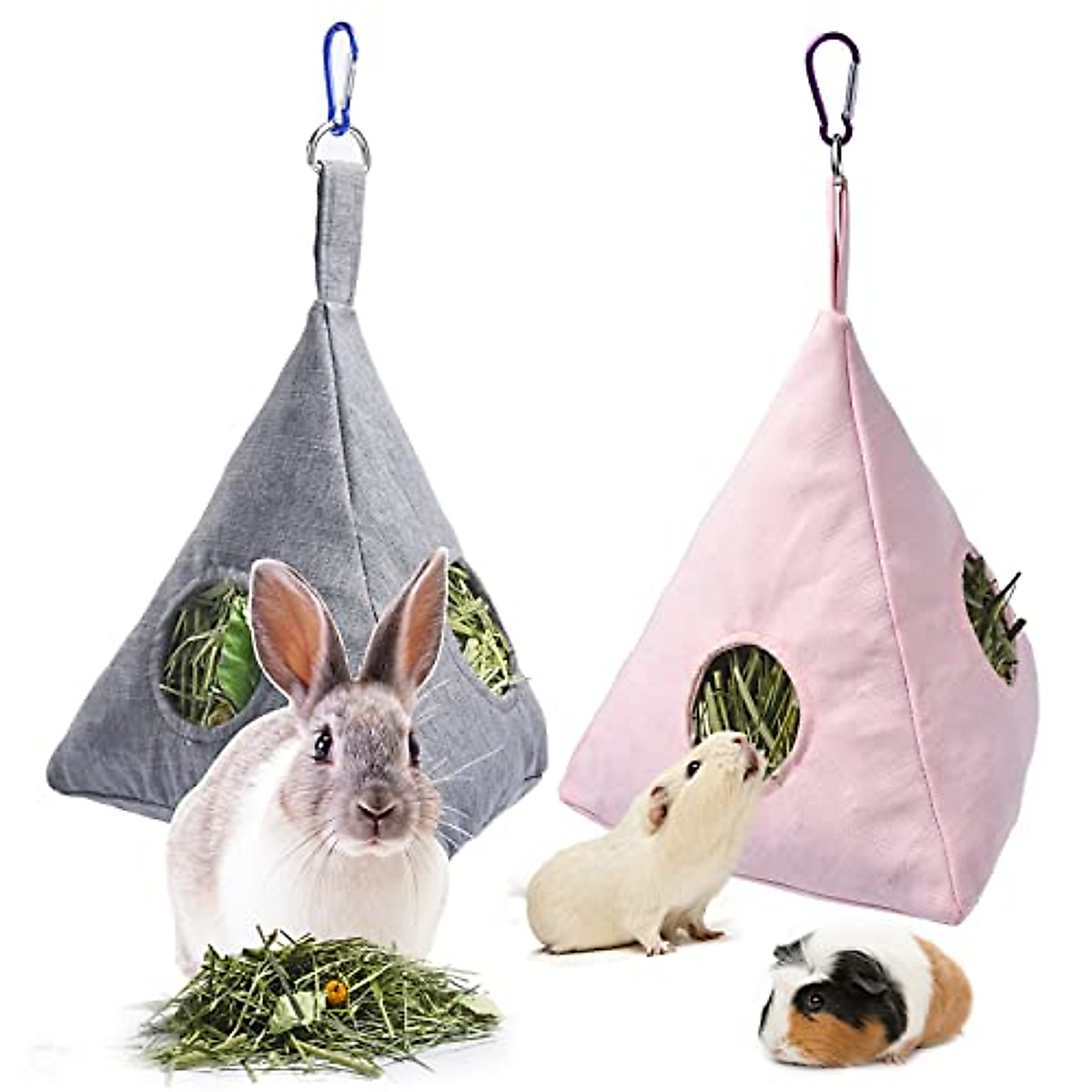 Rabbit Hay Feeder Bag，Bunny Hay Feeder Bag, Guinea Pigs Feeder Bag, Hanging Soft Burlap Feeder Bag with 3 Holes for Rabbit, Bunny, Guinea Pigs ,Hamster and Other Similar Size Animals (Pink)