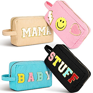 Pinkunn 4 Pcs Preppy Corduroy Makeup Bags Christmas Gift Chenille Patch Cosmetic Bag Mama Stuff Pouch Portable Stuff Travel Zipper Pouch Small Organizer Makeup Bag Set for Women