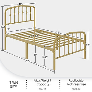 Yaheetech Twin Bed Frames Metal Platform Bed with Victorian Style Wrought Iron Headboard and Footboard/Easy Assembly/No Box Spring Needed/Antique Gold Twin Bed
