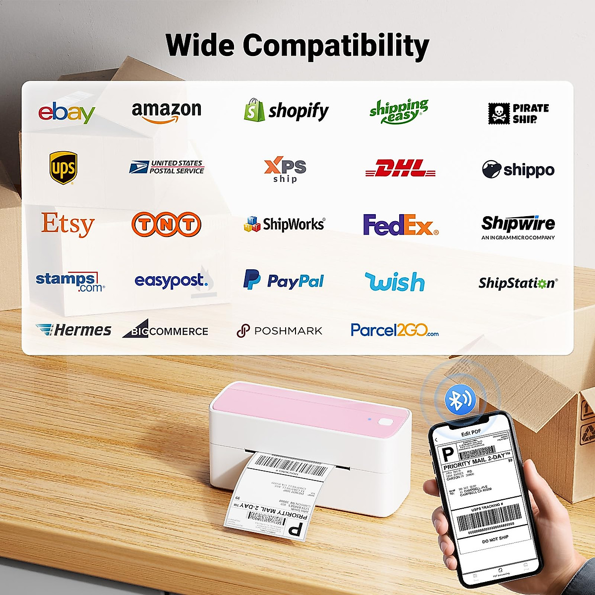 Bluetooth Wireless Thermal Shipping Label-Printer - 4x6 Label Printer for Shipping Packages & Small Business, Pink Label Printers Support with iPad iPhone and Android, Work for Amazon Etsy USPS UPS