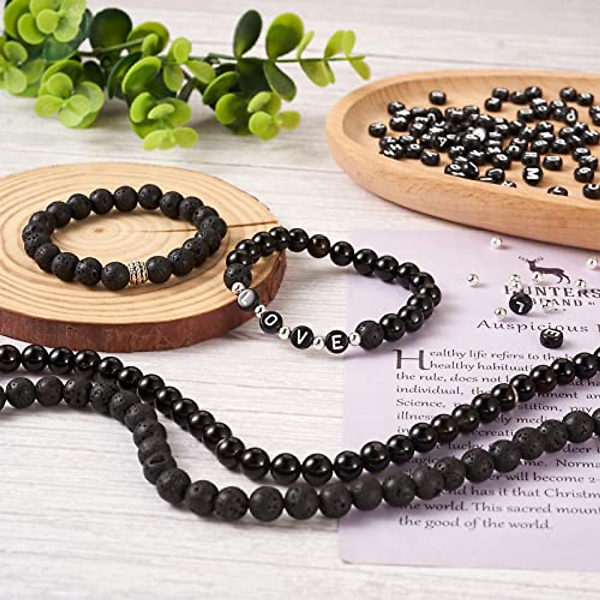 Pandahall 360-380Pcs Natural Black Onyx Lava Rock Gemstone Beads 8mm Healing Crystal Round Stones with A-Z Letter Spacer Beads Elastic String for Adults Diffuser Essential Oils Bracelets Making
