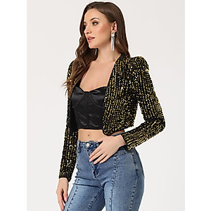 Allegra K Women's Sequin Shrug Open Front Collarless Christmas Glitter Sparkly Crop Blazer Jacket Small Black Gold